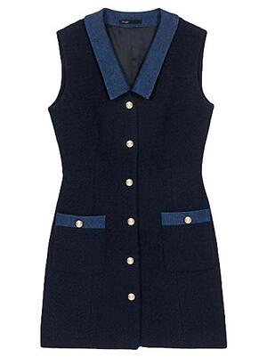 Maje Denim-trim Sleeveless Tweed Mini Dress - Navy