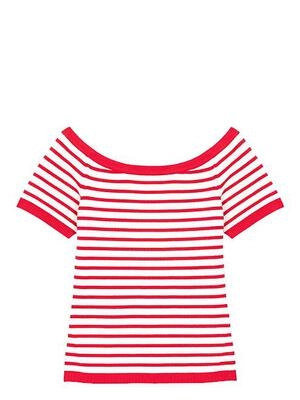 Maje Striped Boat Neck Cotton Blend Top - Red
