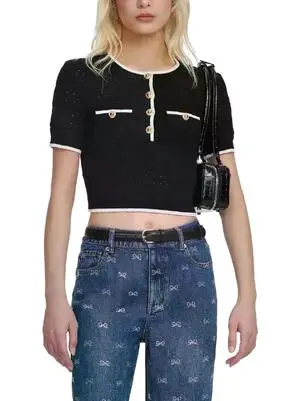 SELF-PORTRAIT Button Trimmed Knitted Top - Black