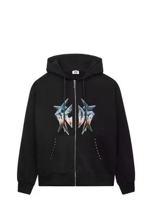Gcds Graphic-print Zip-up Cotton Hoodie - Black