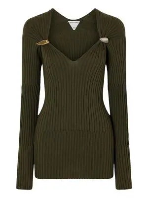 Bottega Veneta Embellished Ribbed Cashmere And Silk-blend Sweater - Green