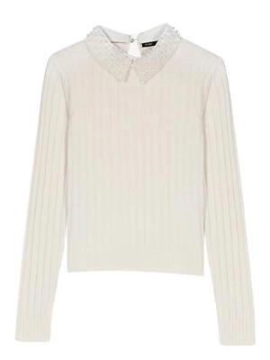 Maje Embellished Collar Ribbed Wool-blend Jumper - Ecru
