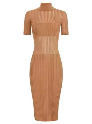 Elisabetta Franchi Ribbed Knit Turtleneck Midi Dress With Gold Logo Buttons - Neutrals