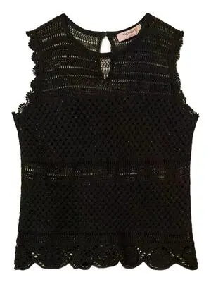 TWINSET Sleeveless Openwork Knit Top With Rhinestones - Black