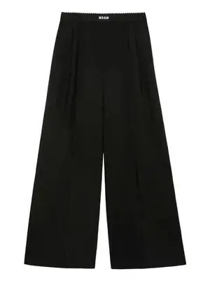 MSGM Wide Leg Pleated Trousers With Logo Waistband - Black