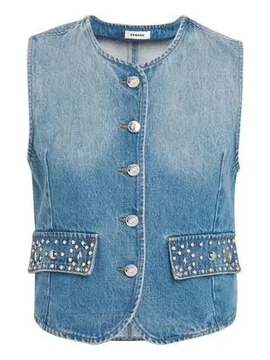 Sandro Embellished Denim Waistcoat - Blue