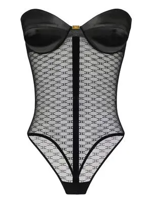 Elisabetta Franchi Jacquard Tulle Bodysuit With Monogram Detail - Black