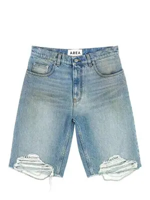 AREA Crystal Embellished Frayed Denim Shorts - Blue