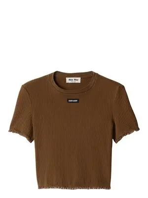 Miu Miu Miu Miu Cotton Pointelle Cropped T-Shirt Brown