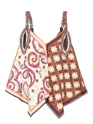 ALEMAIS ALEMAIS Mixed-Print Handkerchief-Hem V-Neck Top Brown