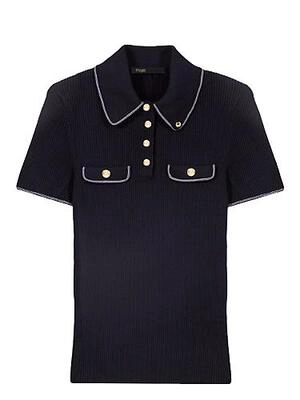 Maje Short-sleeved Ribbed Knitted Polo Shirt - Navy