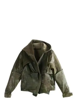 YEHUAFAN Hooded Leather Jacket - Green