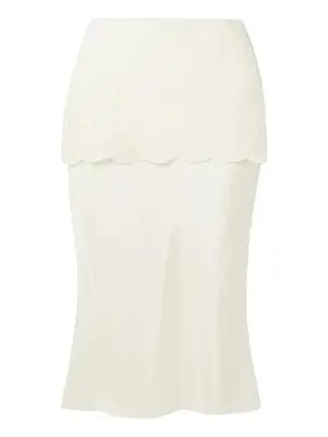 Posse Posse 'Cove' Embroidered Tulle-Trimmed Silk-Blend Midi Skirt Neutrals
