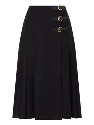 CHLOÉ Chloé Pleated Leather-Trimmed Grain De Poudre Wool Midi Skirt