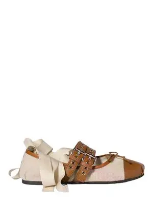 Miu Miu Miu Miu Canvas And Leather Ballerinas With Buckle And Ribbon Fastening Neutrals