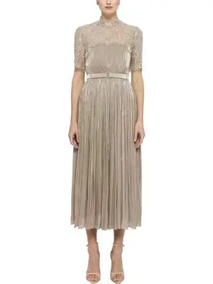 NISSA Lace-panel Chiffon Midi Dress - Neutrals