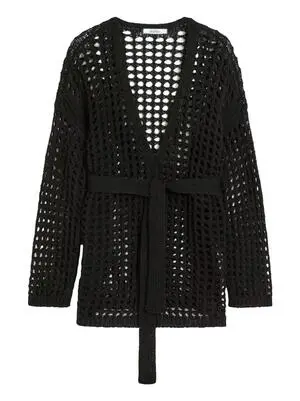 Max Mara Belted Open Knit Cotton Cardigan Black