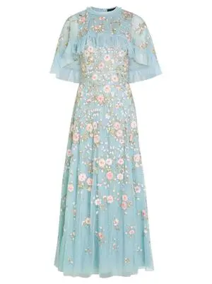 NEEDLE & THREAD Embroidered Cape-effect Tulle Gown - Blue
