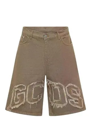 Gcds GCDS Logo Patch Frayed Denim Shorts Neutrals