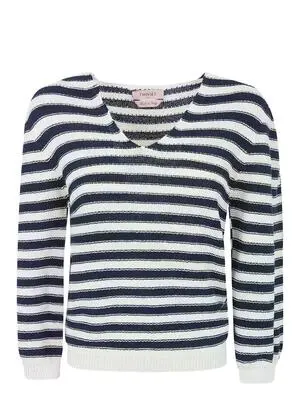 TWINSET Striped V-neck Fine Knit Pullover - Blue