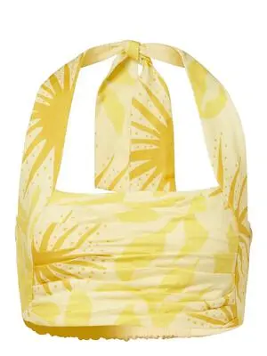 CALA DE LA CRUZ Printed Halterneck Linen Crop Top - Yellow