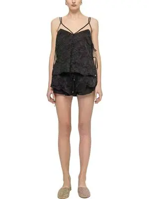 NISSA Crinkle-effect Mini Shorts With Drawstring Detail - Black