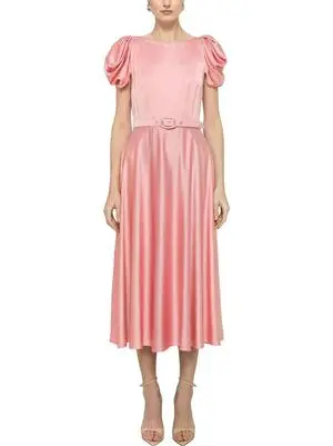 NISSA Belted Viscose Midi Dress With Volume Sleeves - Pink