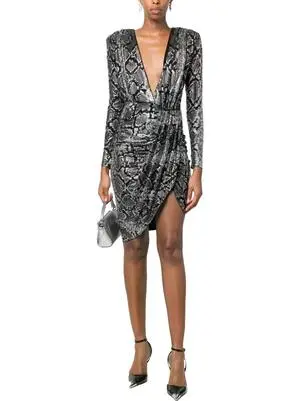 Philipp Plein Long Sleeve Plunge V-neck Dress - Silver