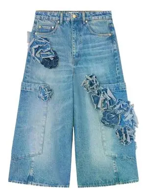 GANNI Floral Appliqué Wide Leg Cropped Jeans - Blue