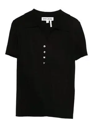 Dkny Ribbed Knit Polo Top - Black