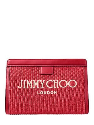 JIMMY CHOO Avenue Embroidered-logo Raffia And Leather Pouch - Ruby Red/light Gold