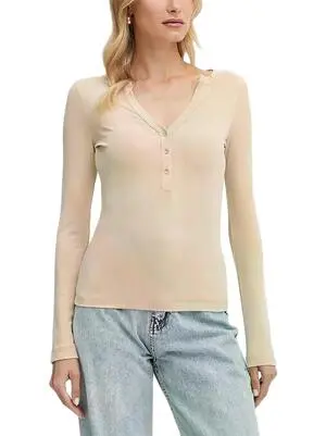 Guess Ribbed Buttoned Long Sleeve T-shirt - Neutrals