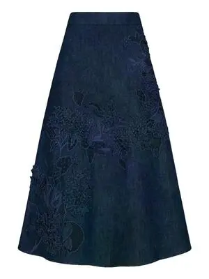 Oscar De La Renta Floral Appliqué Midi Skirt - Blue