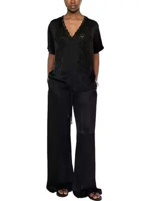 ERMANNO FIRENZE Embroidered V-neck Short-sleeve Blouse - Black