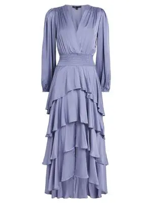 Maje Ruffled Midi Dress With V-neckline And Billowing Sleeves - Blue