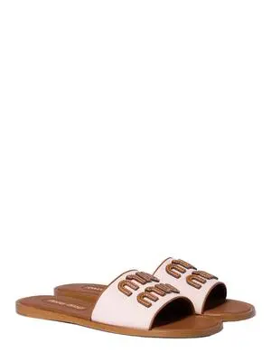 Miu Miu Embellished Logo Canvas And Leather Slides - Peach/brandy