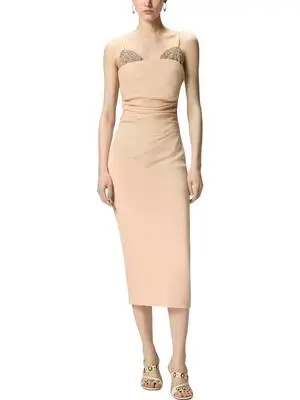 Pinko Slim-fit Midi Dress With Jewel Embellishment - Neutrals