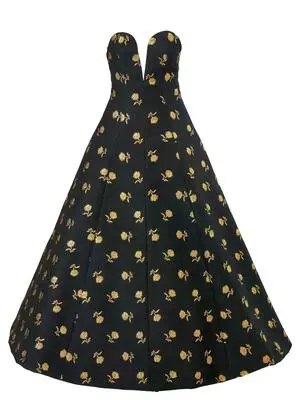 Carolina Herrera Carnation Jacquard Deep V-neck Dress - Black