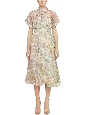 NISSA Belted Floral Print Linen Dress - Neutrals