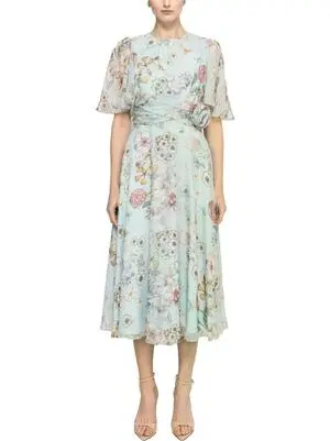 NISSA Floral-detail Silk Midi Dress - Blue