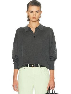 Renggli Silk Cashmere Boxy Long Sleeve Polo Top - Graphite