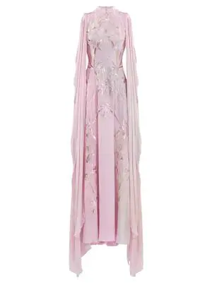 SAIID KOBEISY Crepe Georgette Draped Sleeves Maxi Dress - Pink