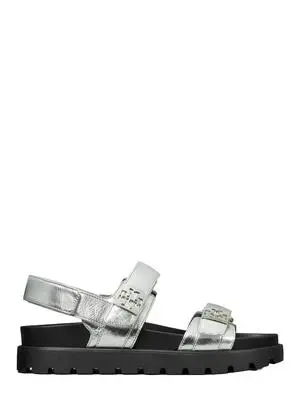 Tory Burch Mellow Metallic Leather Logo Detail Sandals - Silver