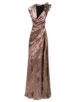GEMY MAALOUF Shimmer Sandwash Flowers Maxi Dress - Brown