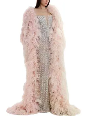 DINA MELWANI Crystal Hand-embroidered Feather Cape - Pink