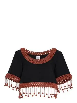 Rosie Assoulin Linen-blend Cropped Top With Macrame Trim - Black