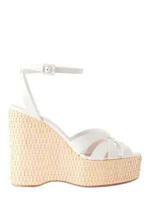 AQUAZZURA Copacabana 130 Leather And Raffia Wedge Sandals - White