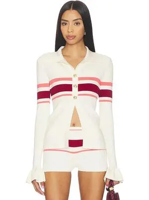 SELF-PORTRAIT Stripe Viscose Knit Button Top - Cream