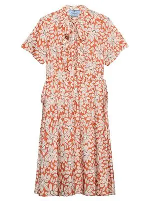 Prada Printed Pleated Pongé Shirtdress - Copper