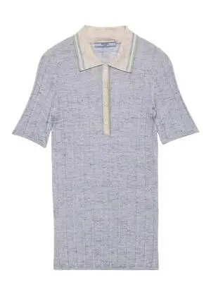 Prada Ribbed Knit Polo Shirt With Knit Triangle Logo - Astro